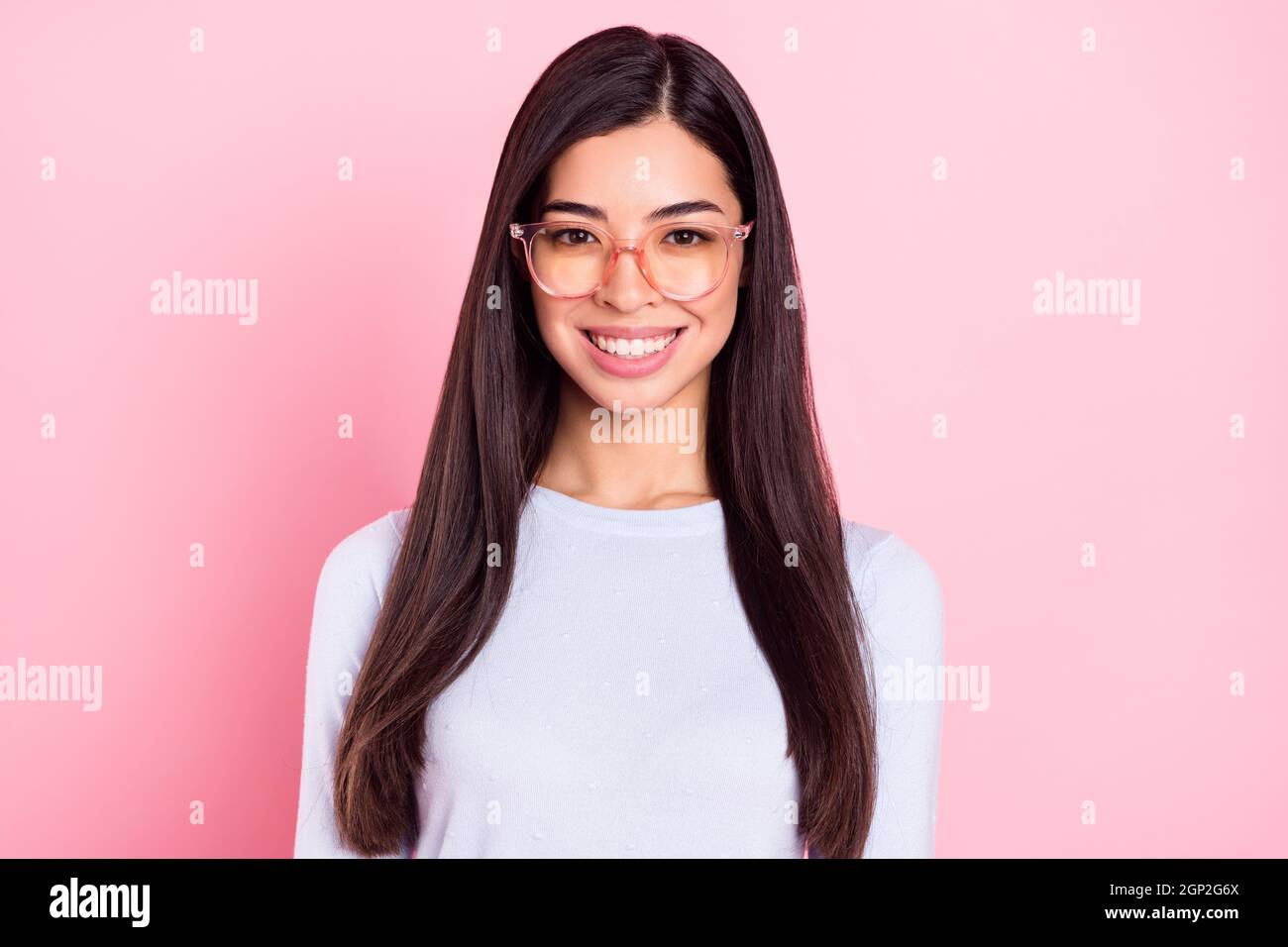 Portrait of attractive content cheerful girl wearing specs isolated ...