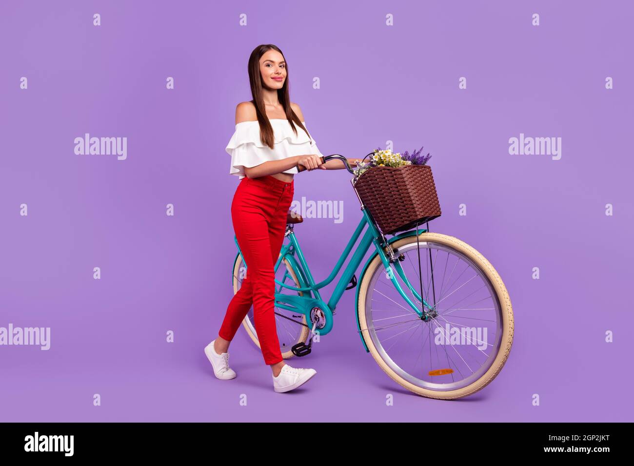 Profile photo of nice positive lady drive bicycle wear white blouse ...