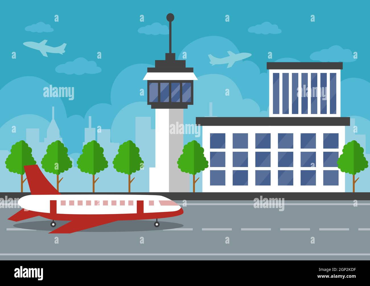 Airport Terminal building with infographic aircraft taking off and ...