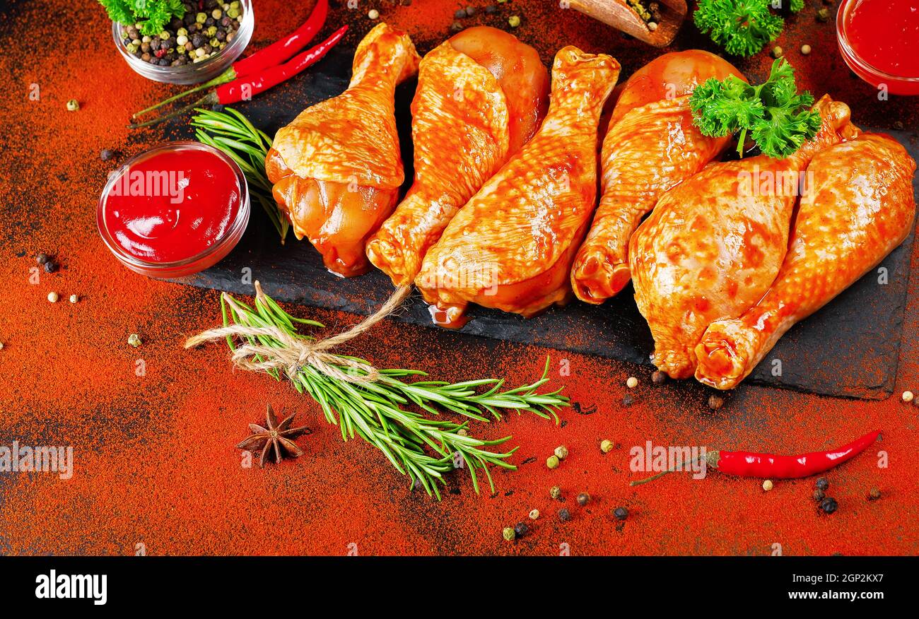 Convenience food, precooked.Cooking chicken drumsticks.Top view.Chicken ...