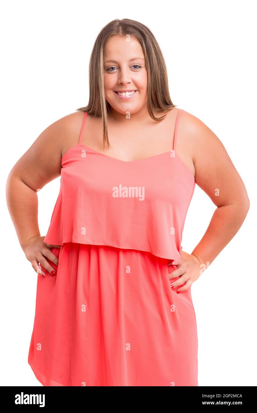 Happy overweighted woman posing isolated over white background Stock ...