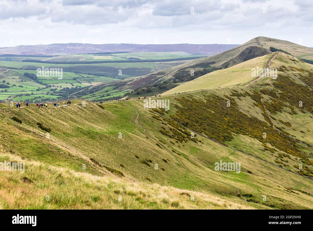 Walkers on the Great Ridge, as seen from Mam Tor, Peak District ...