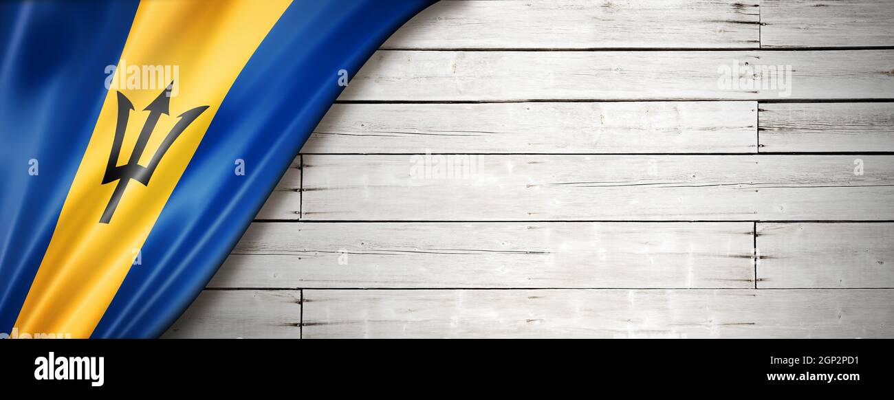 Barbados flag on old white wall. Horizontal panoramic banner Stock ...