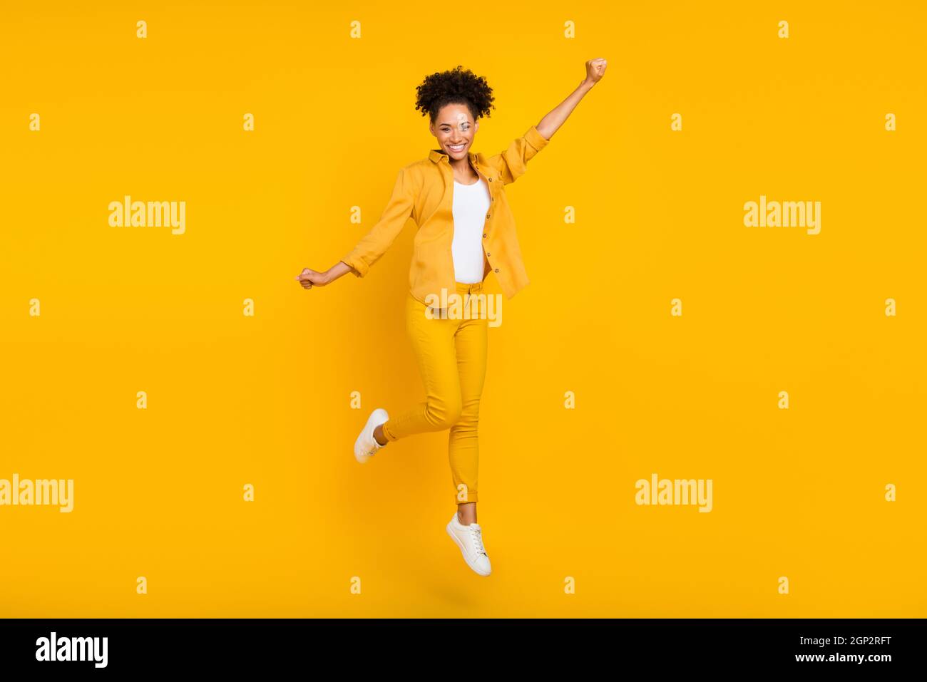 Full length body size photo woman jumping up carefree cool isolated ...