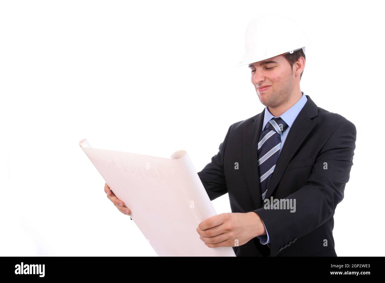 Young Engineer, reading a plan, isolated on white Stock Photo - Alamy