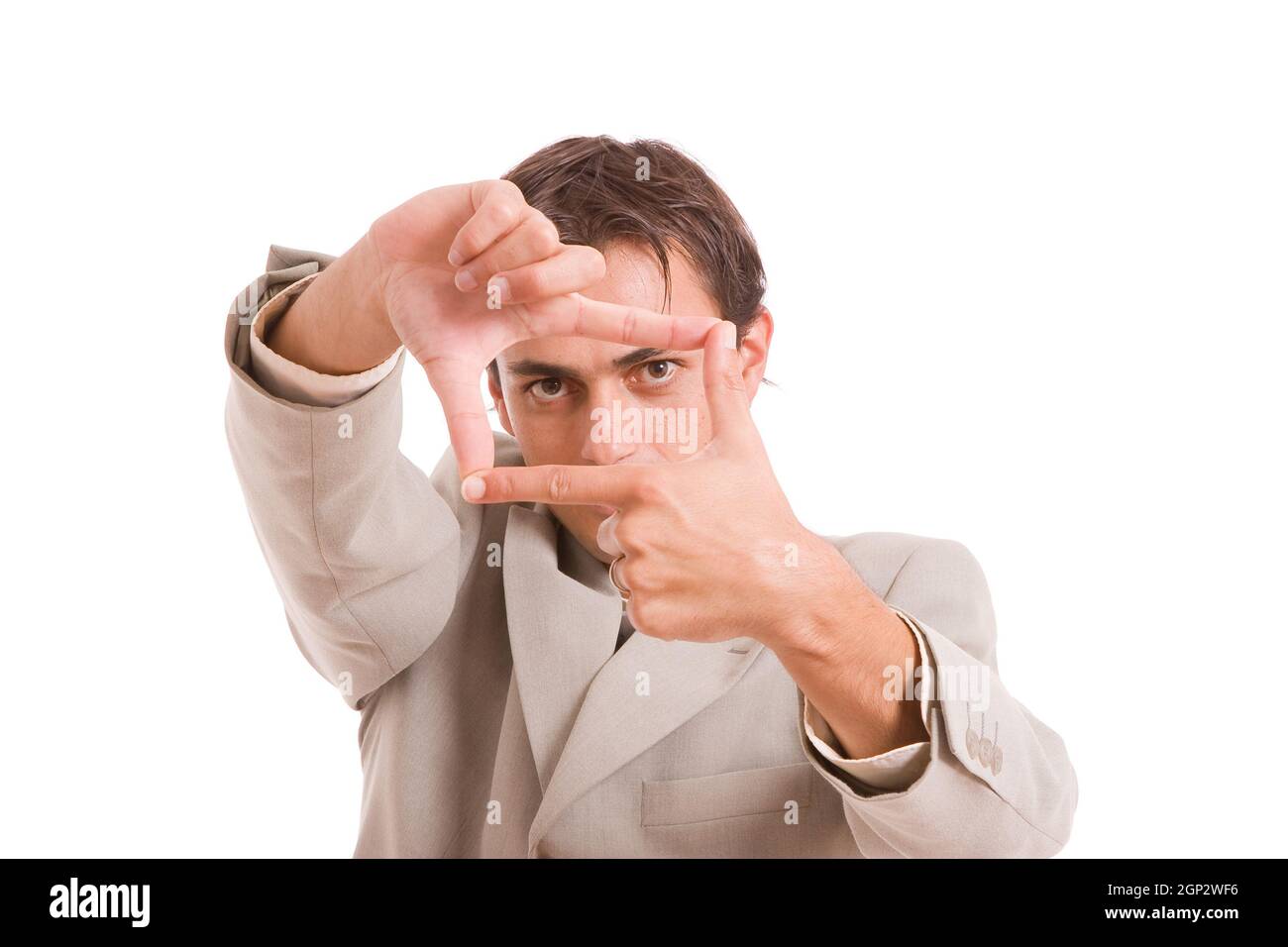 Business man showing frame hand gesture - isolated on white Stock Photo ...