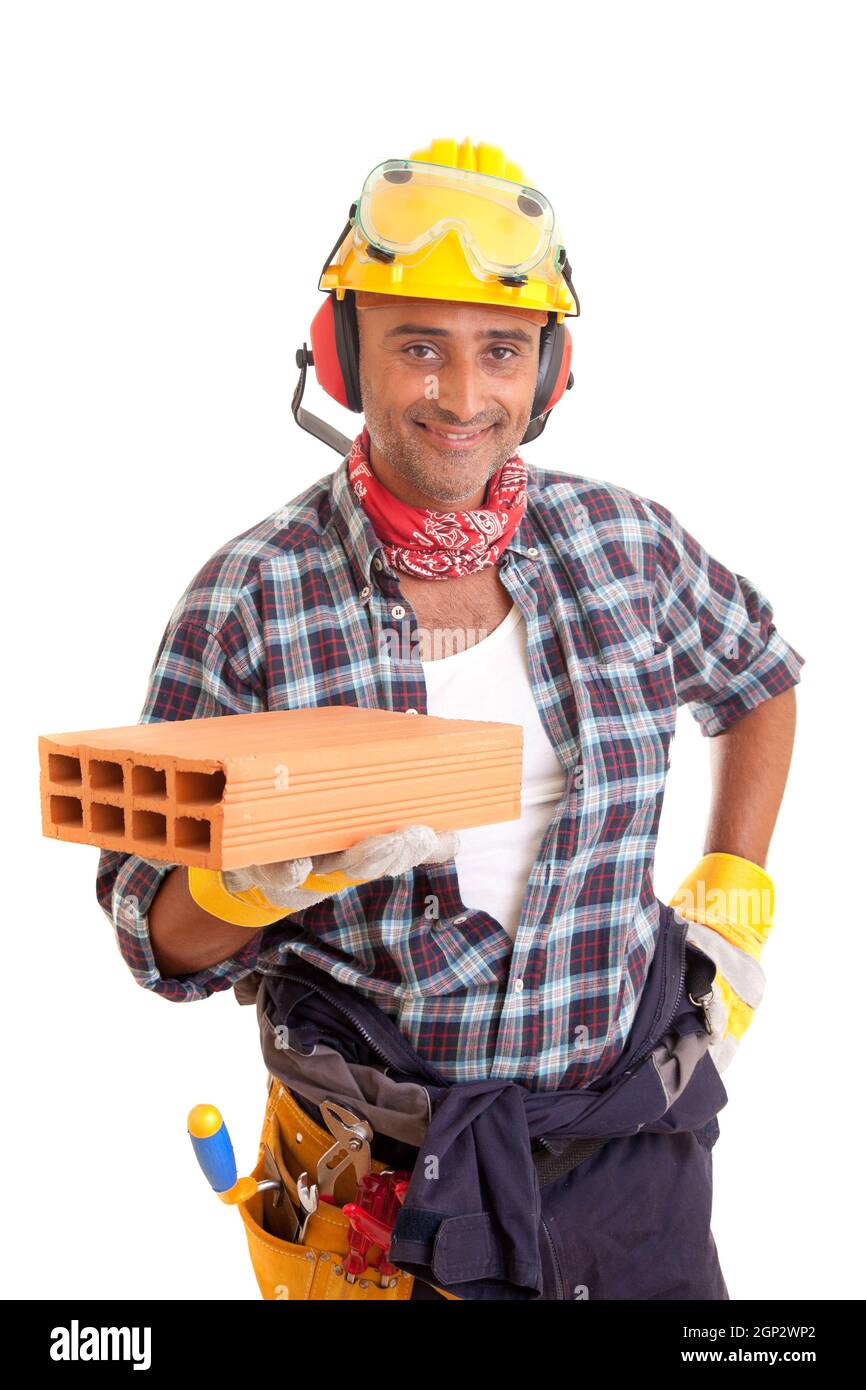 Construction worker offering services, isolated over white Stock Photo ...