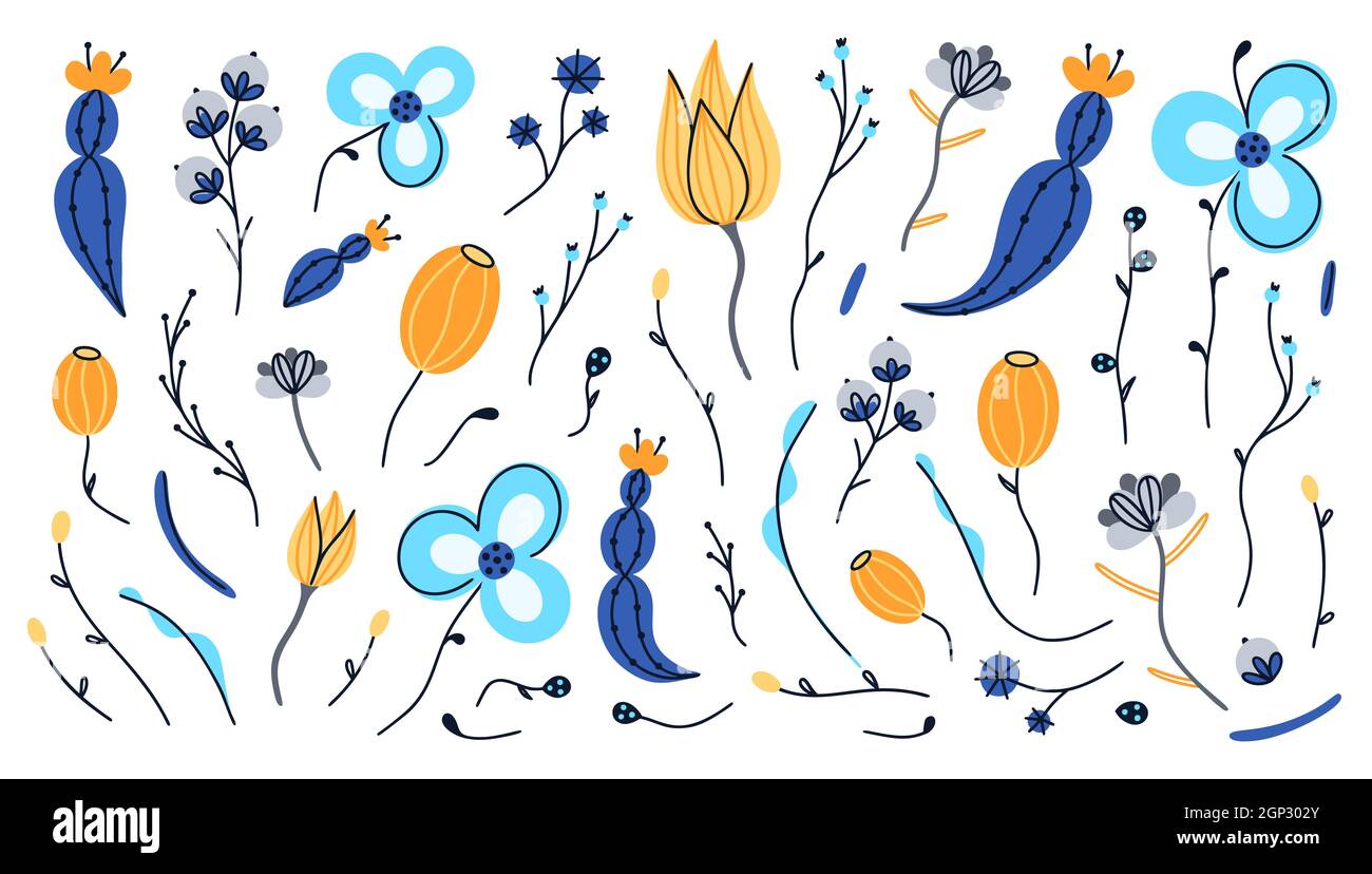 Vector set of hand drawn abstract flowers. Floral composition. Spots ...