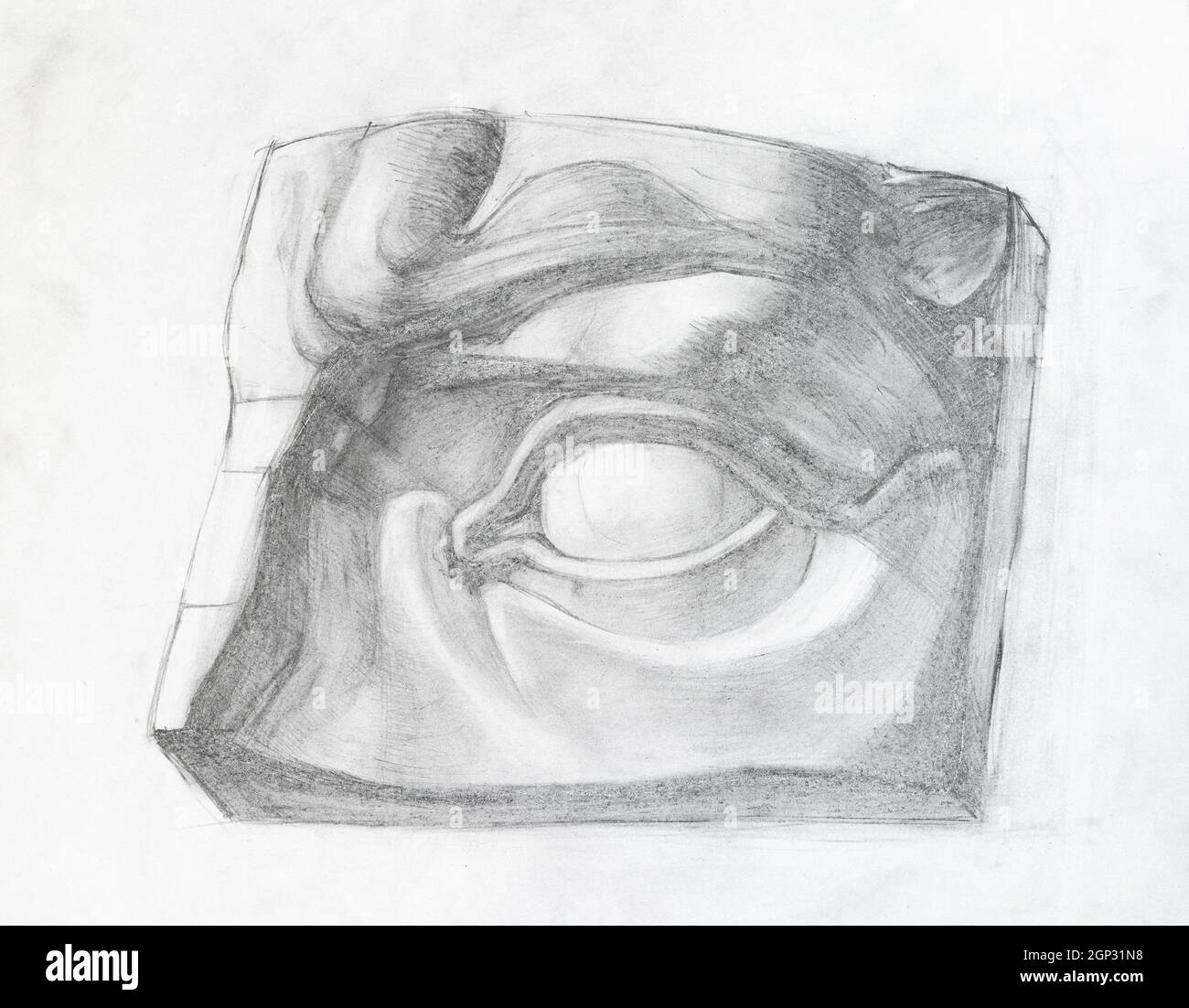 academic drawing - male eye, plaster cast fragment of David's face hand ...
