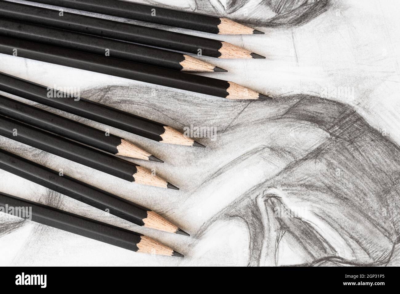 set of wooden graphite pencils on hand-drawn academic drawing of male ...