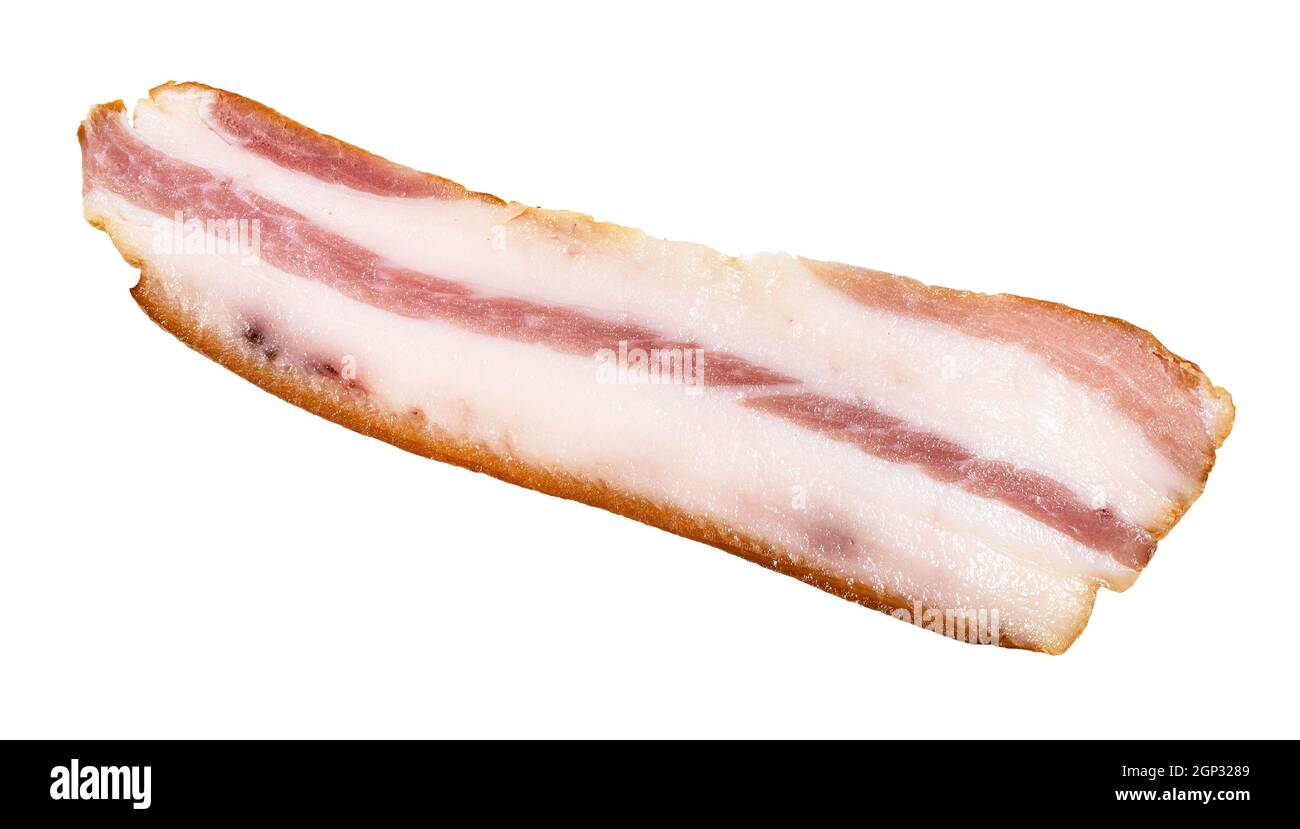 single slice of smoked Salo (pork fatback) with meat layers isolated on ...