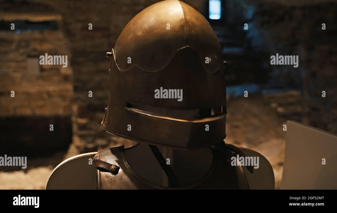 Medieval chain mail with a helmet in the museum Stock Photo - Alamy