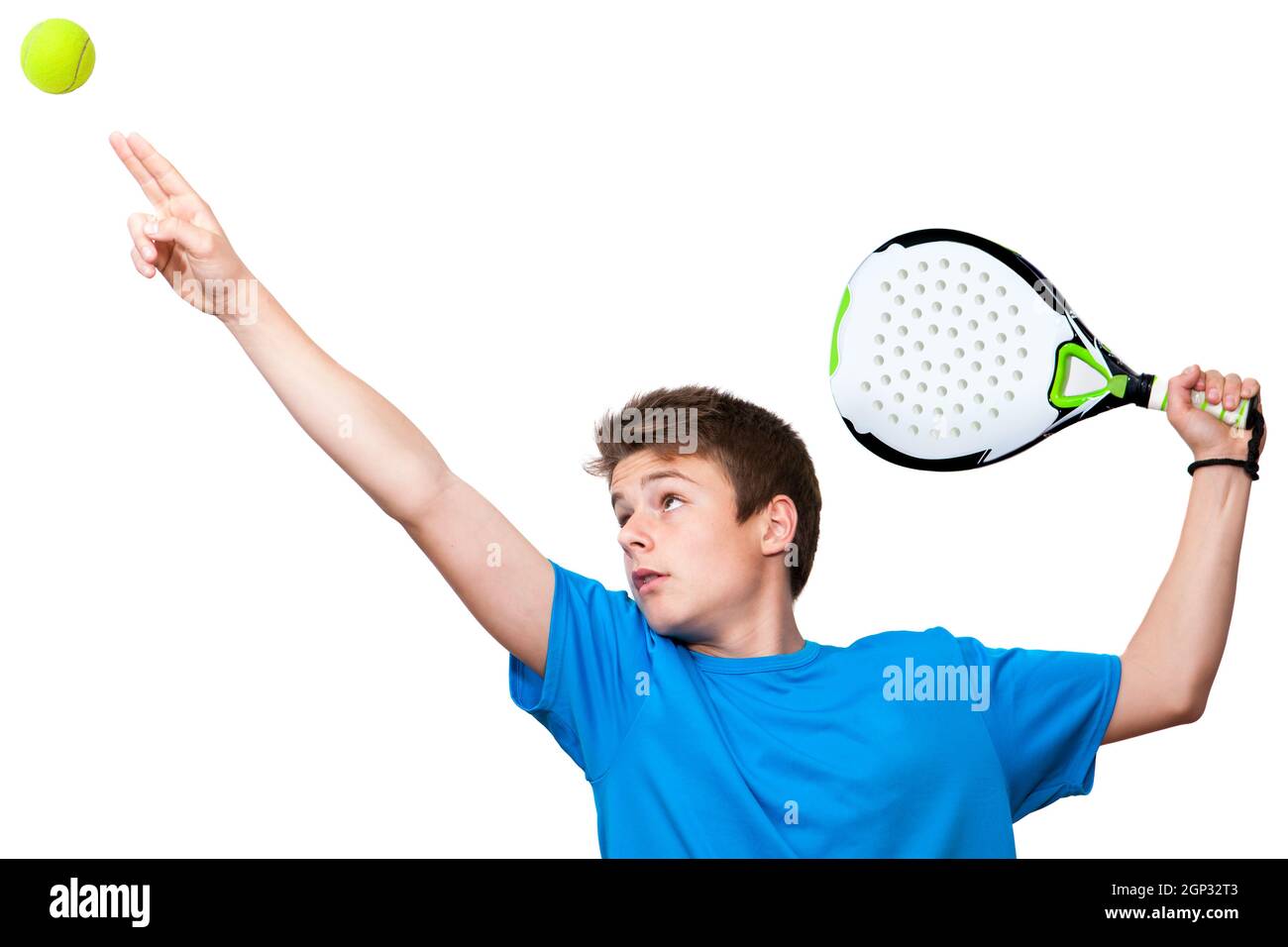 Close up portrait of teen paddle player.Isolated against white ...