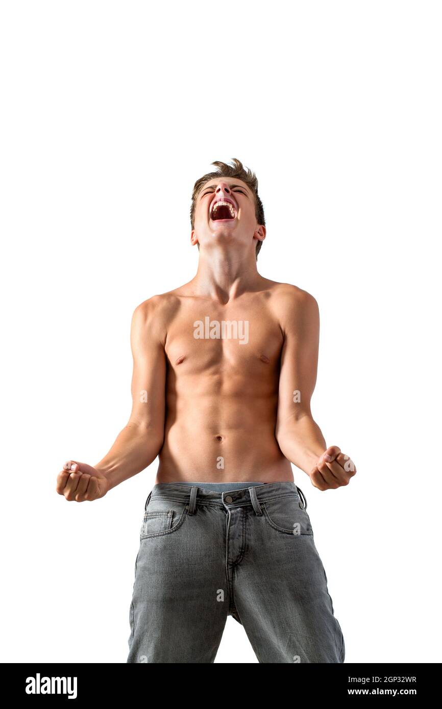 Portrait of Teen boy screaming of frustration.Isolated on white ...