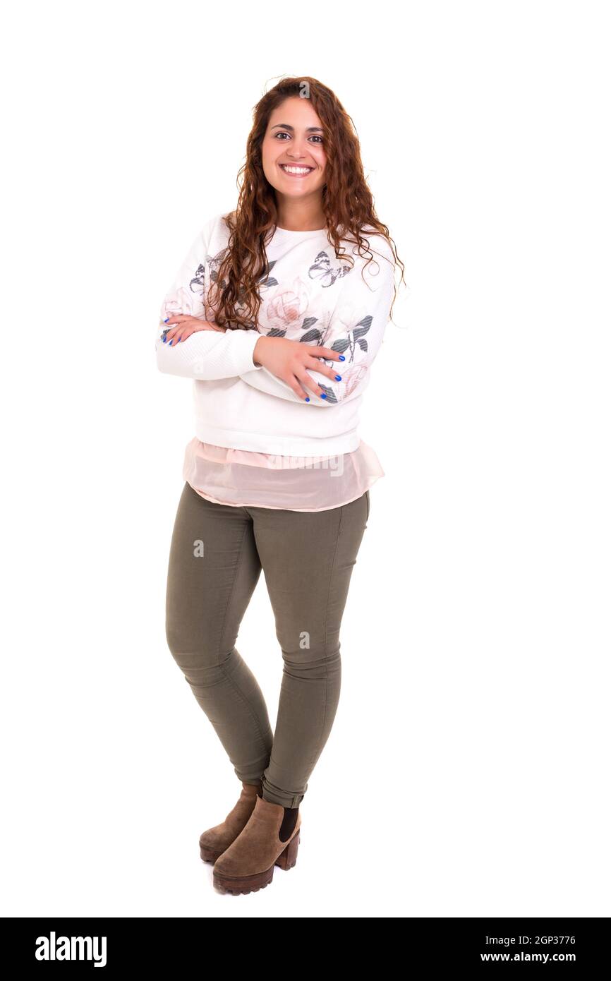 Happy overweighted woman posing isolated over white background Stock ...