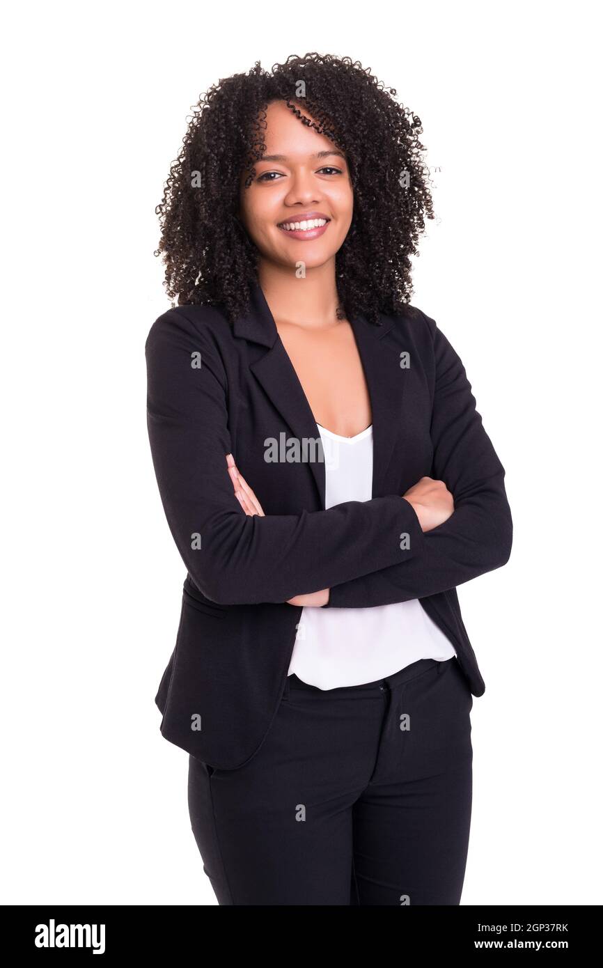 Beautiful african business woman posing isolated over white background ...