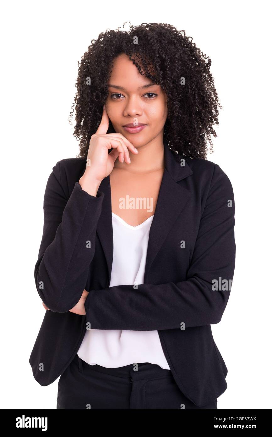 Beautiful african business woman posing isolated over white background ...