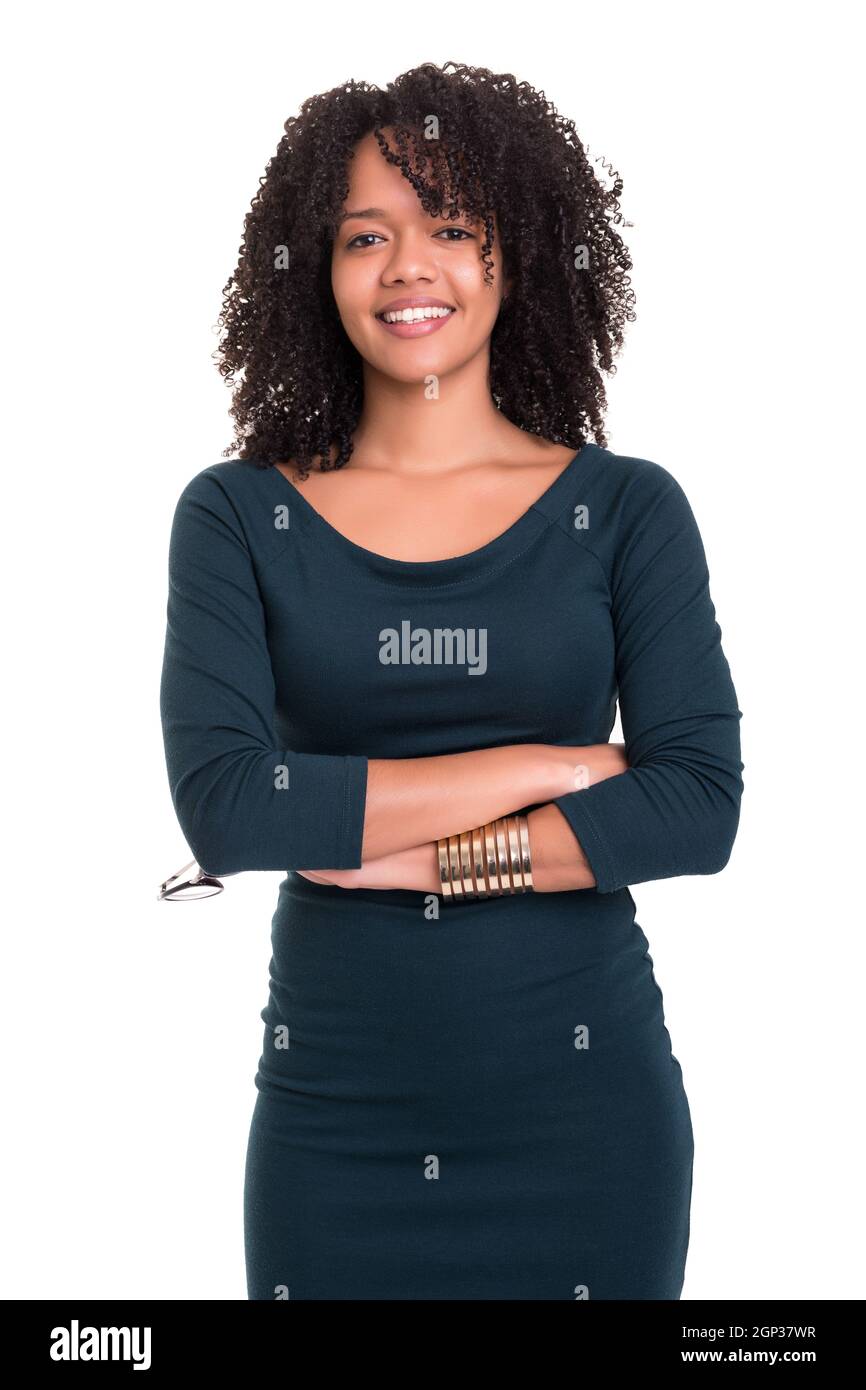 Beautiful african business woman posing isolated over white background ...