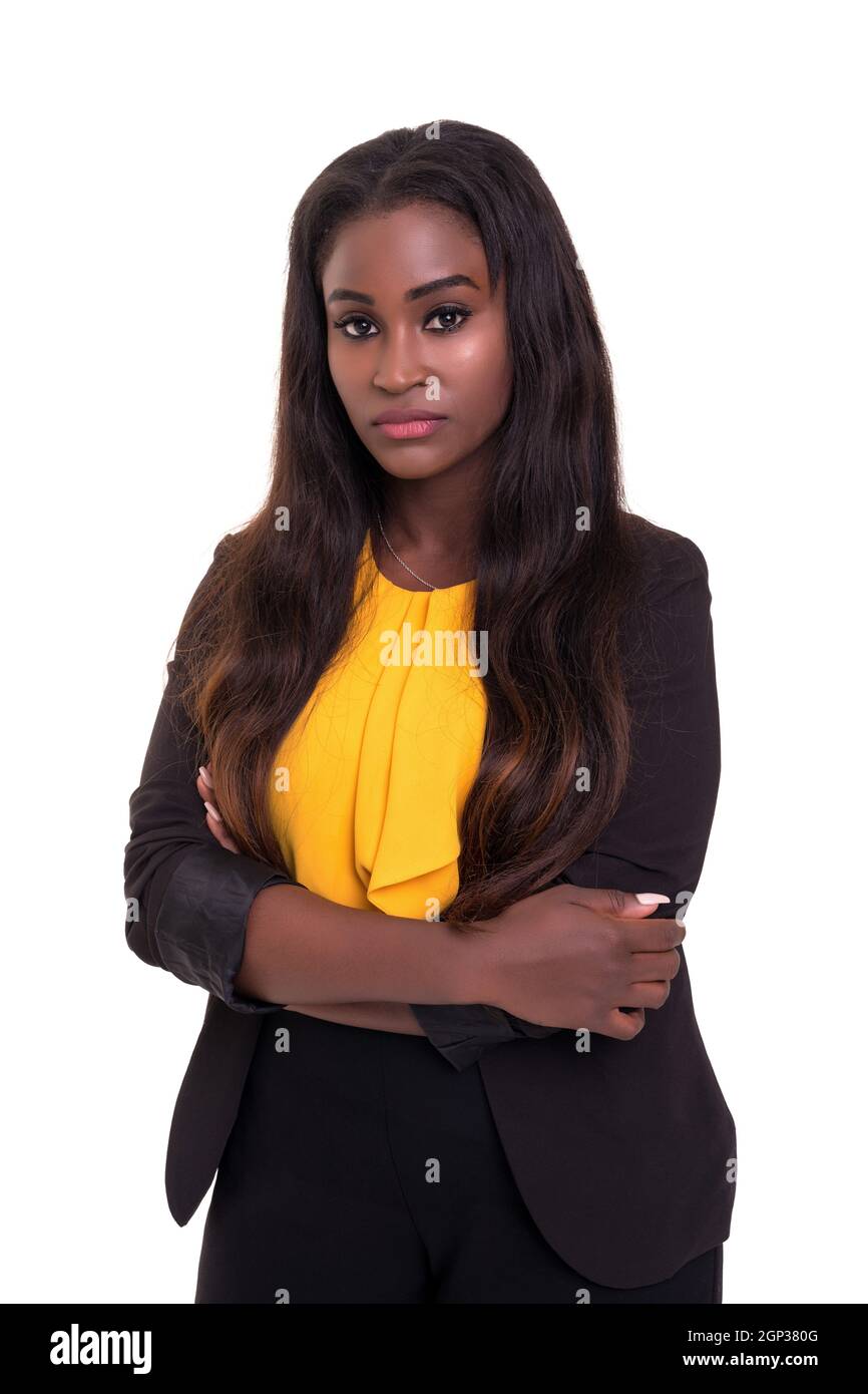 Beautiful african business woman posing isolated over white background ...