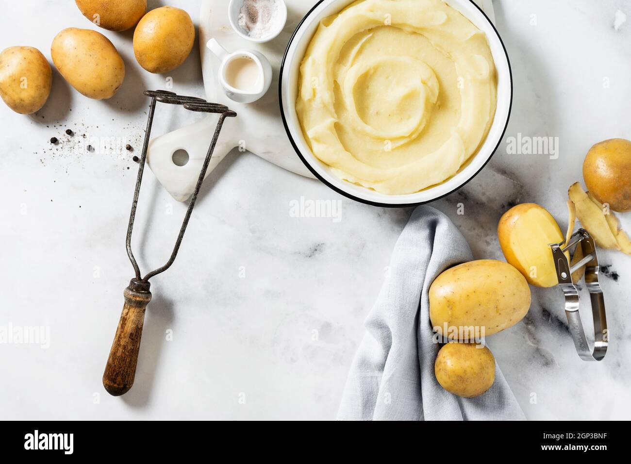 mashed potatoes on a white marble table. photo for packaging Stock ...