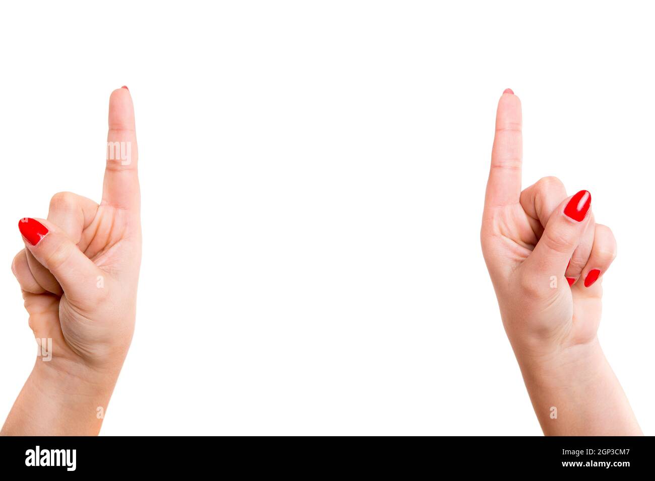 Cropped view of two hands pointing their index fingers upwards Stock ...