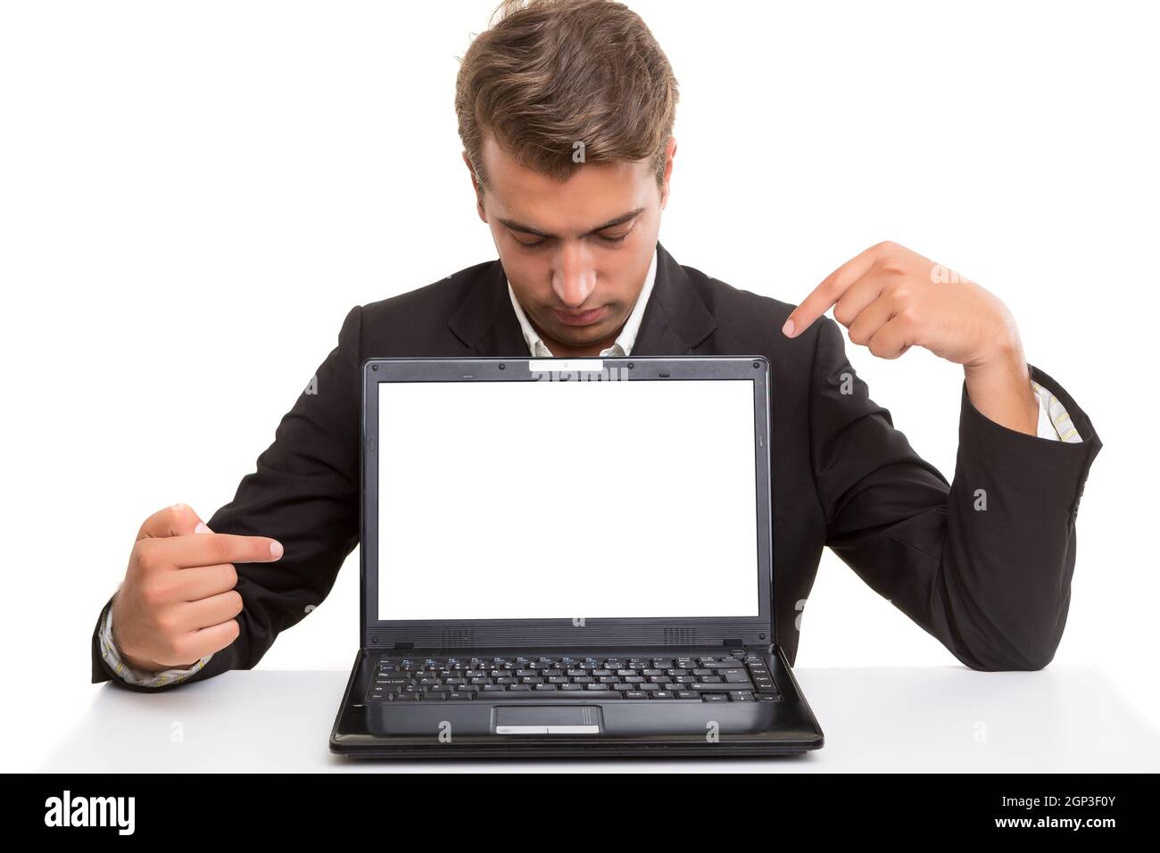 Young man presenting your product in a laptop computer Stock Photo - Alamy