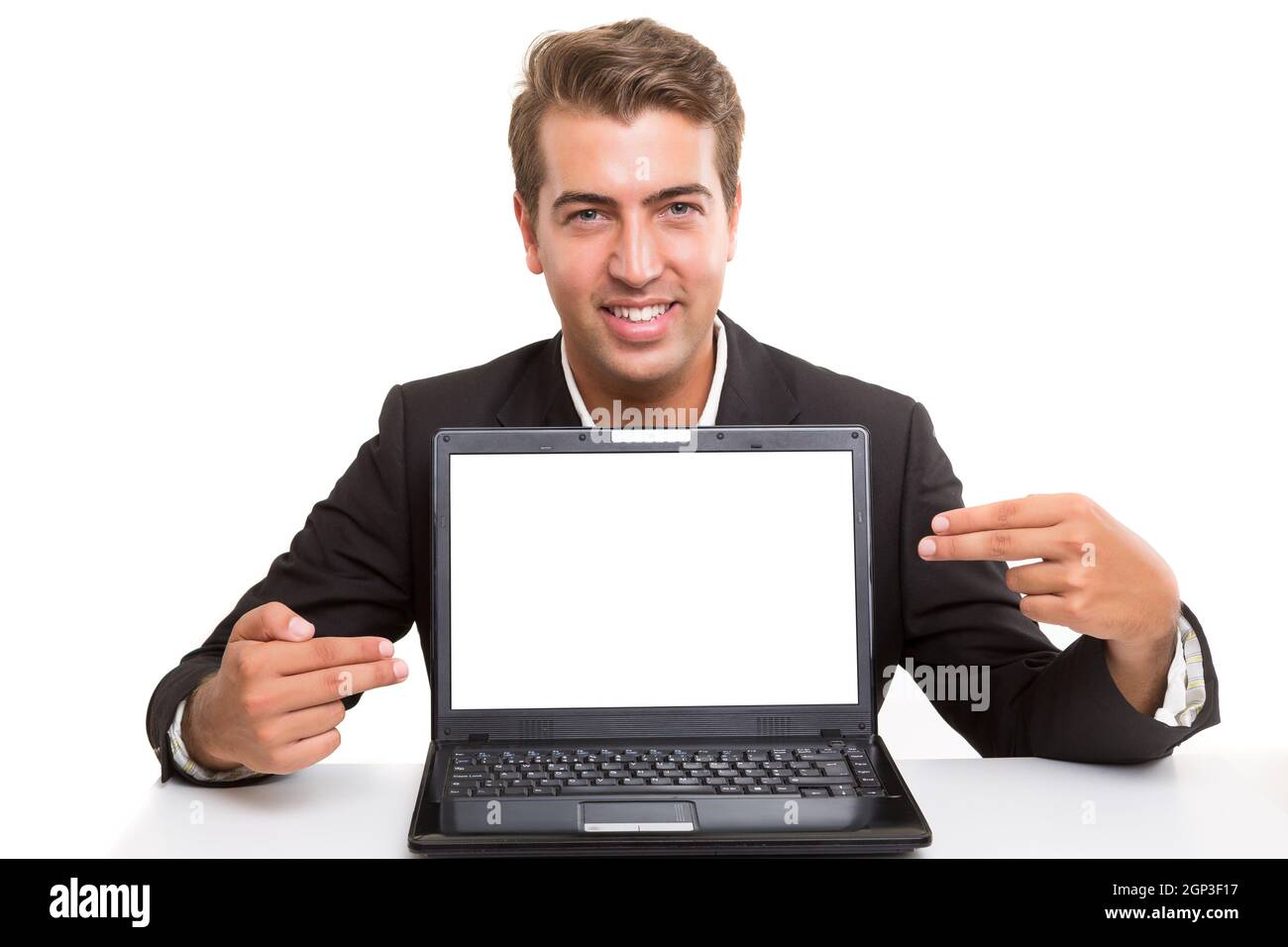 Young man presenting your product in a laptop computer Stock Photo - Alamy