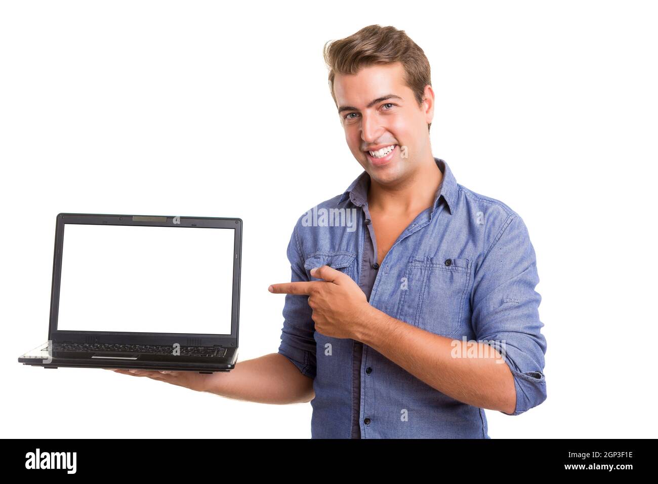 Young man presenting your product in a laptop computer Stock Photo - Alamy