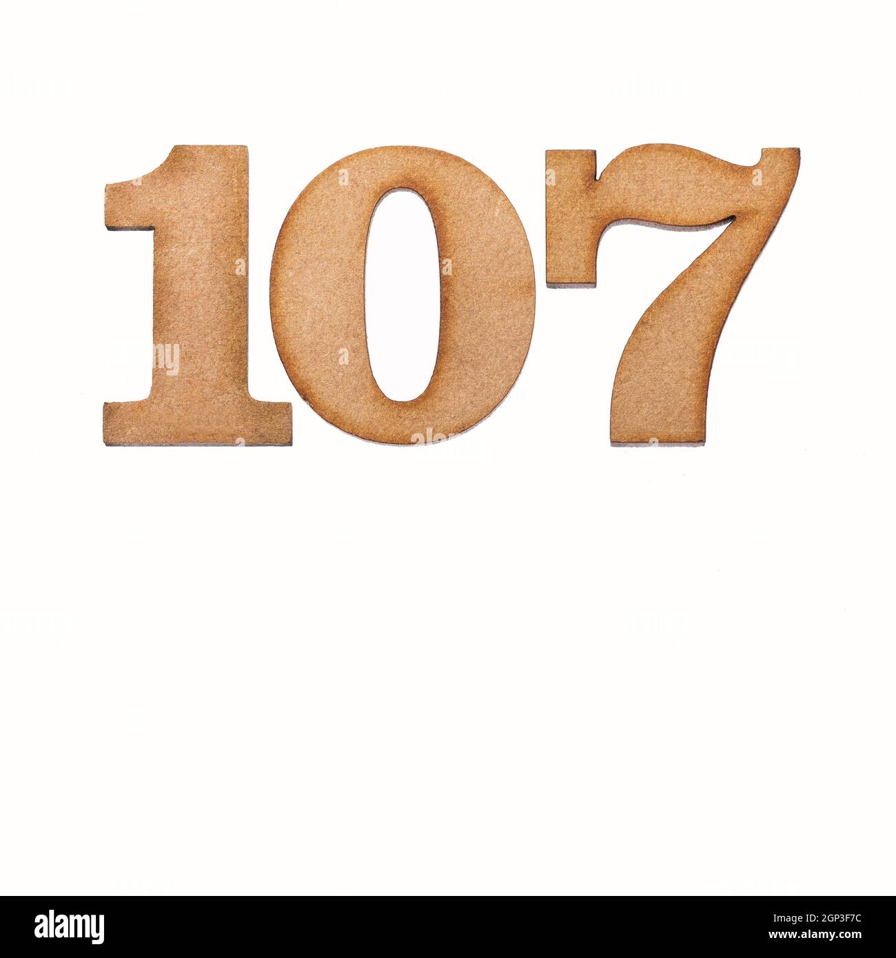 Number one hundred and seven, 107 - Piece of wood isolated on white ...