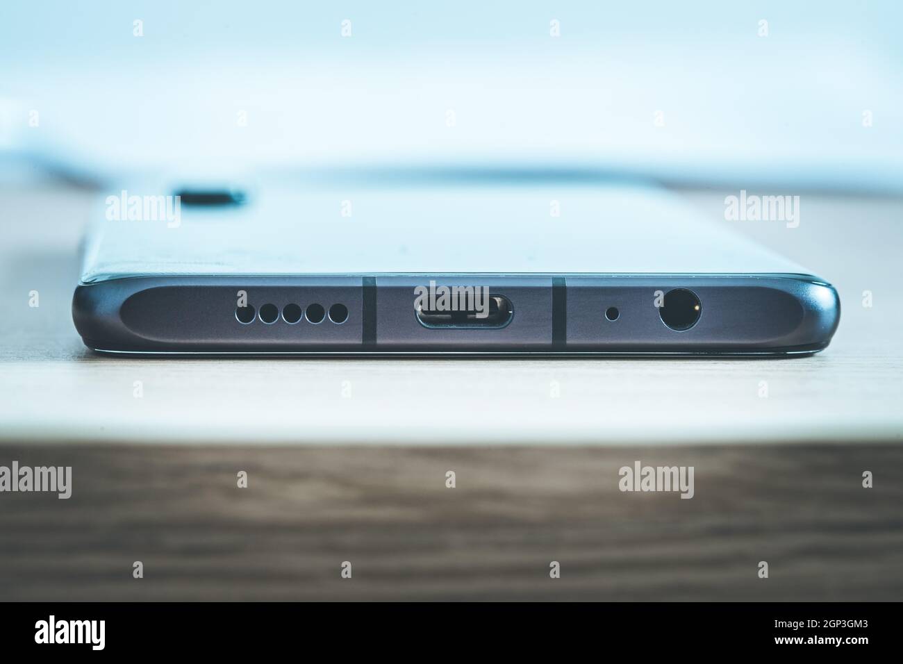 Bottom of modern mobile phone with usb type c and headphone jack Stock ...