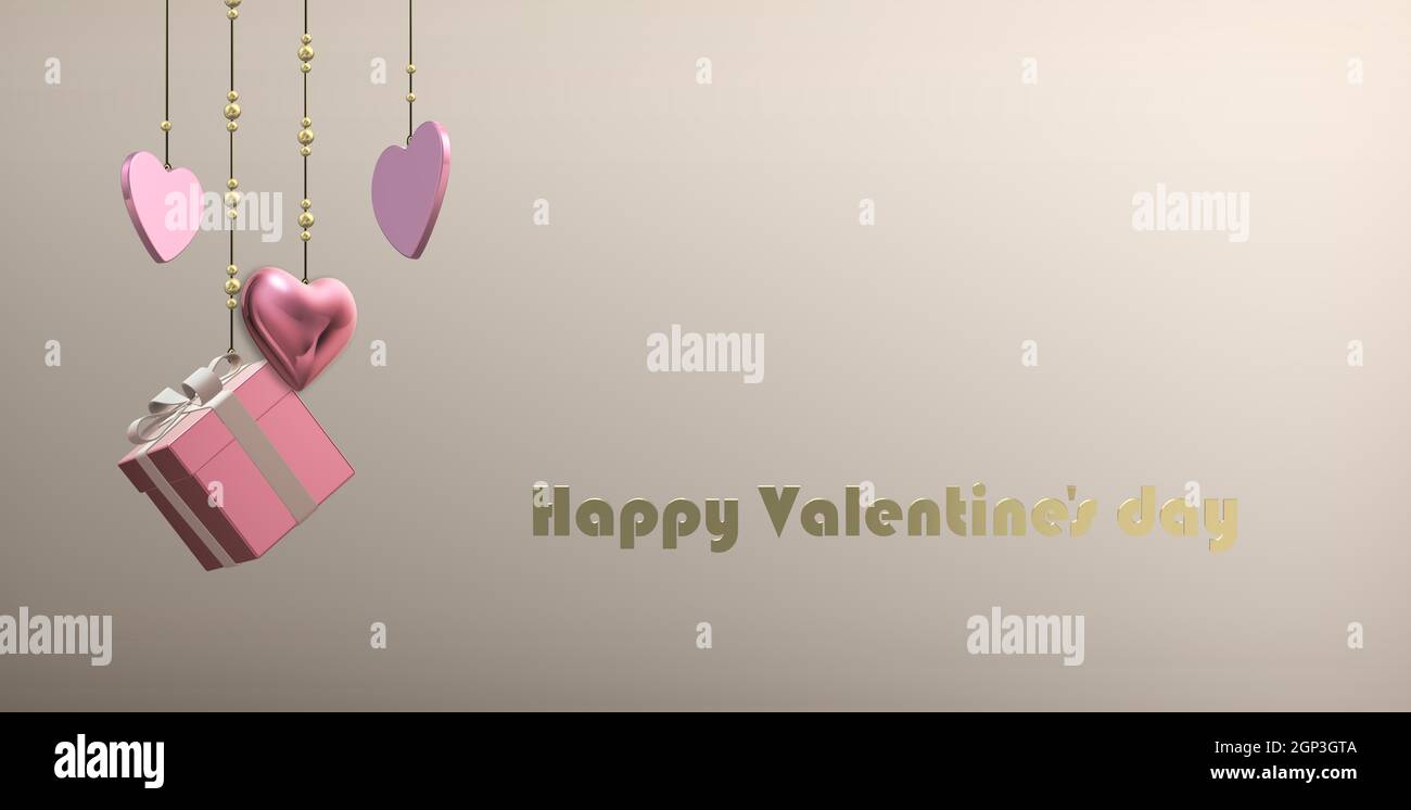 Luxury Valentines card, love design, hanging pink gold hearts, gift box ...