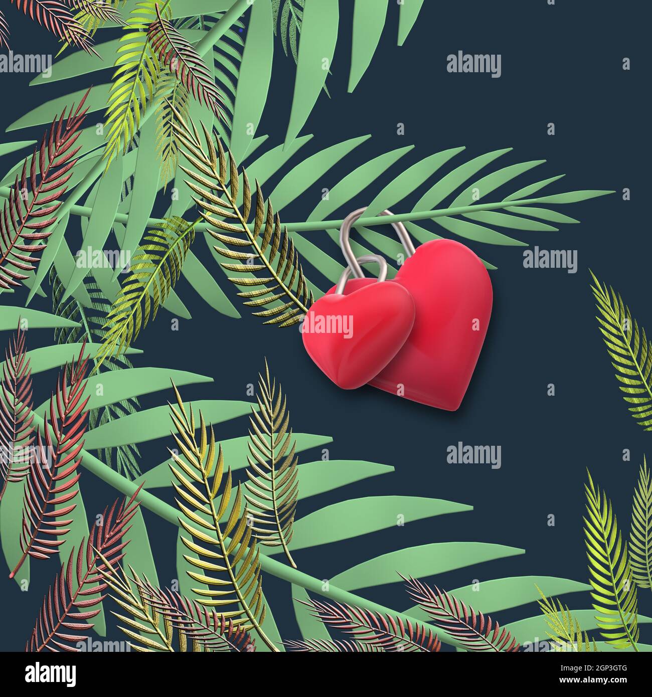 Two linked hearts. Connected red hearts on exotic, tropical leaves ...