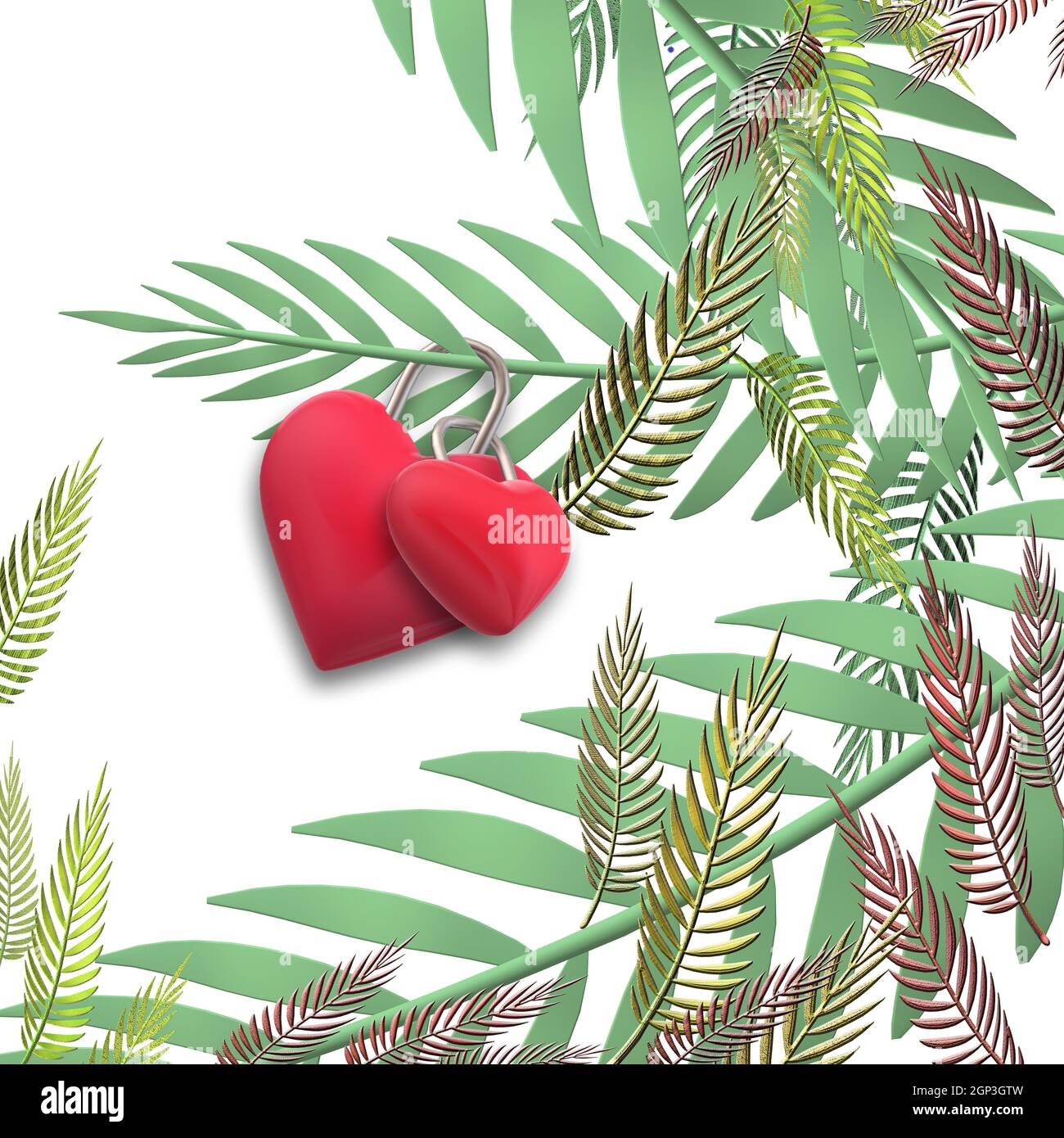 Two linked hearts. Connected red hearts on exotic, tropical leaves ...