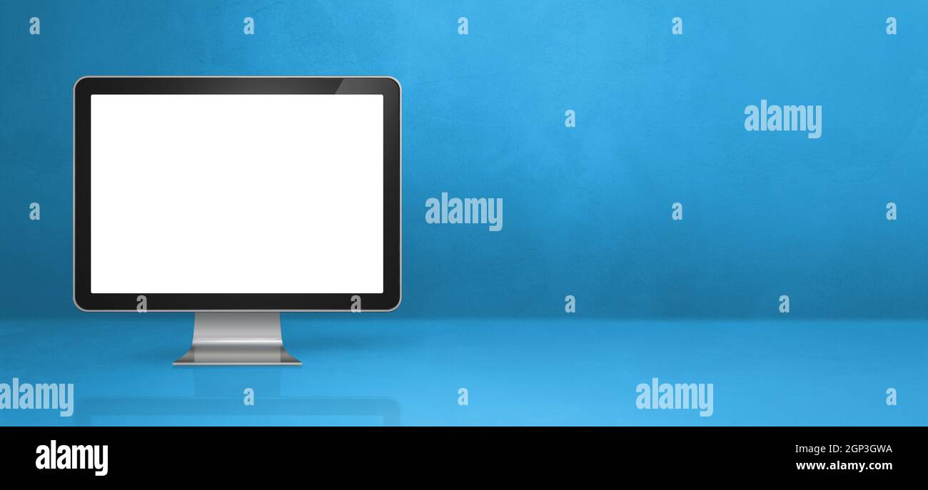 Computer pc - blue office desk banner. 3D Illustration Stock Photo - Alamy