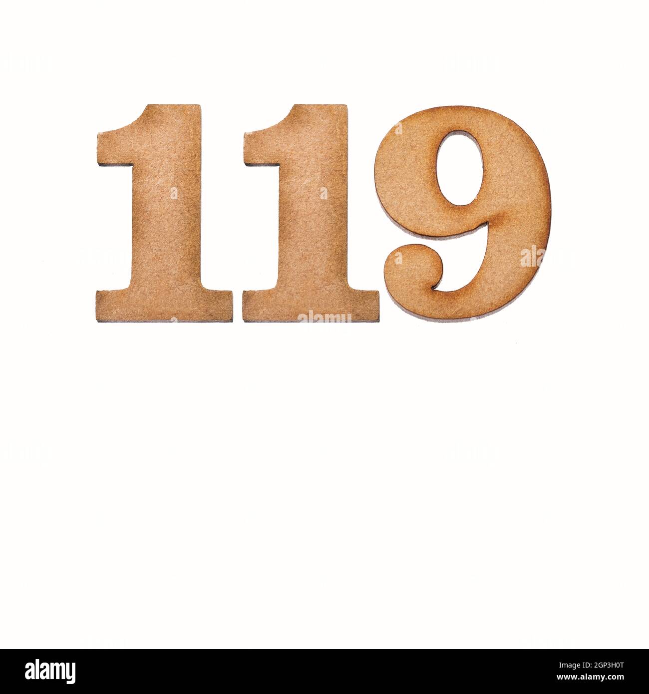 Number one hundred and nineteen, 119 - Piece of wood isolated on white ...