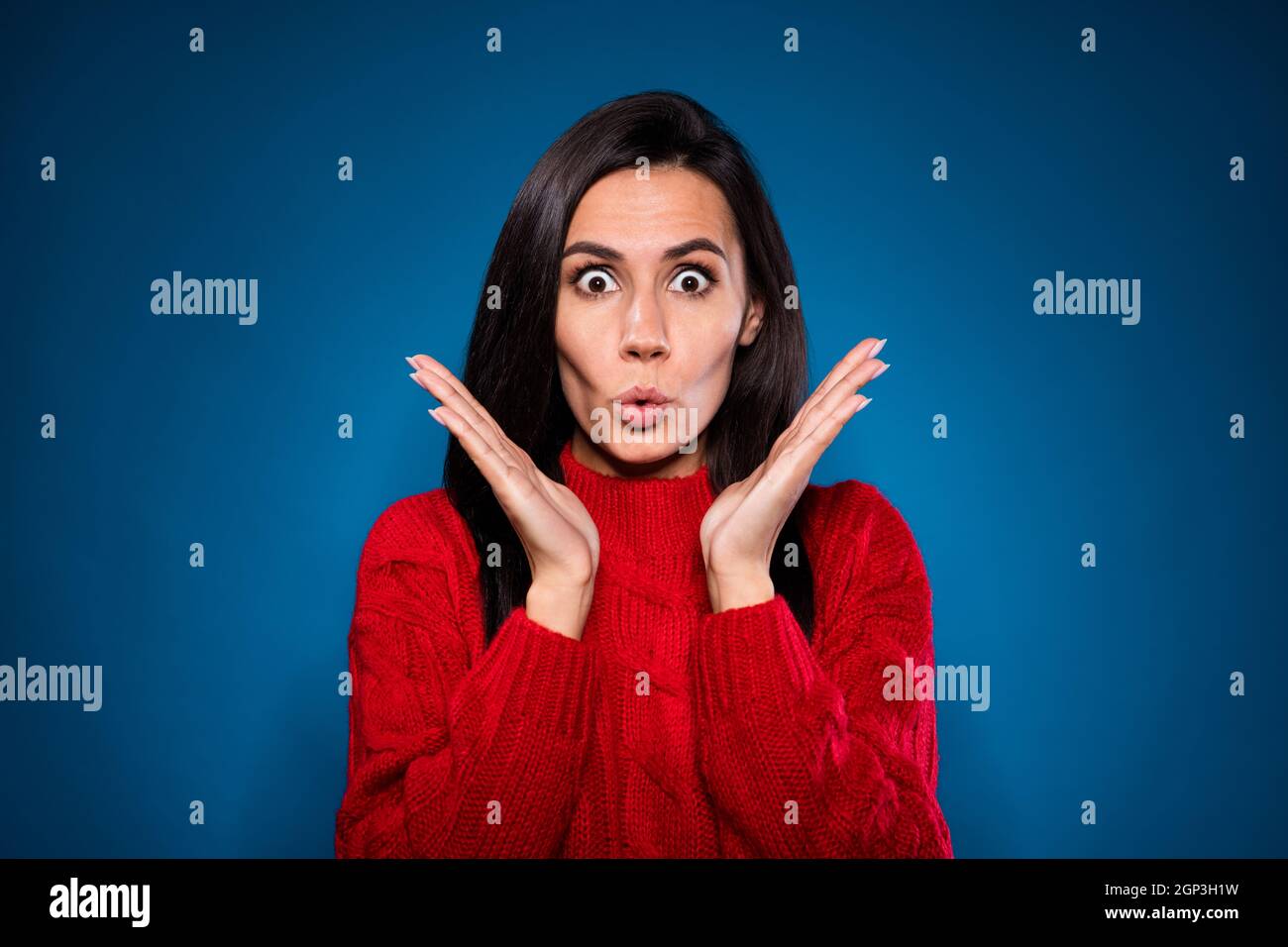 Photo of funky amazed shocked young woman hold hands cheeks news ...