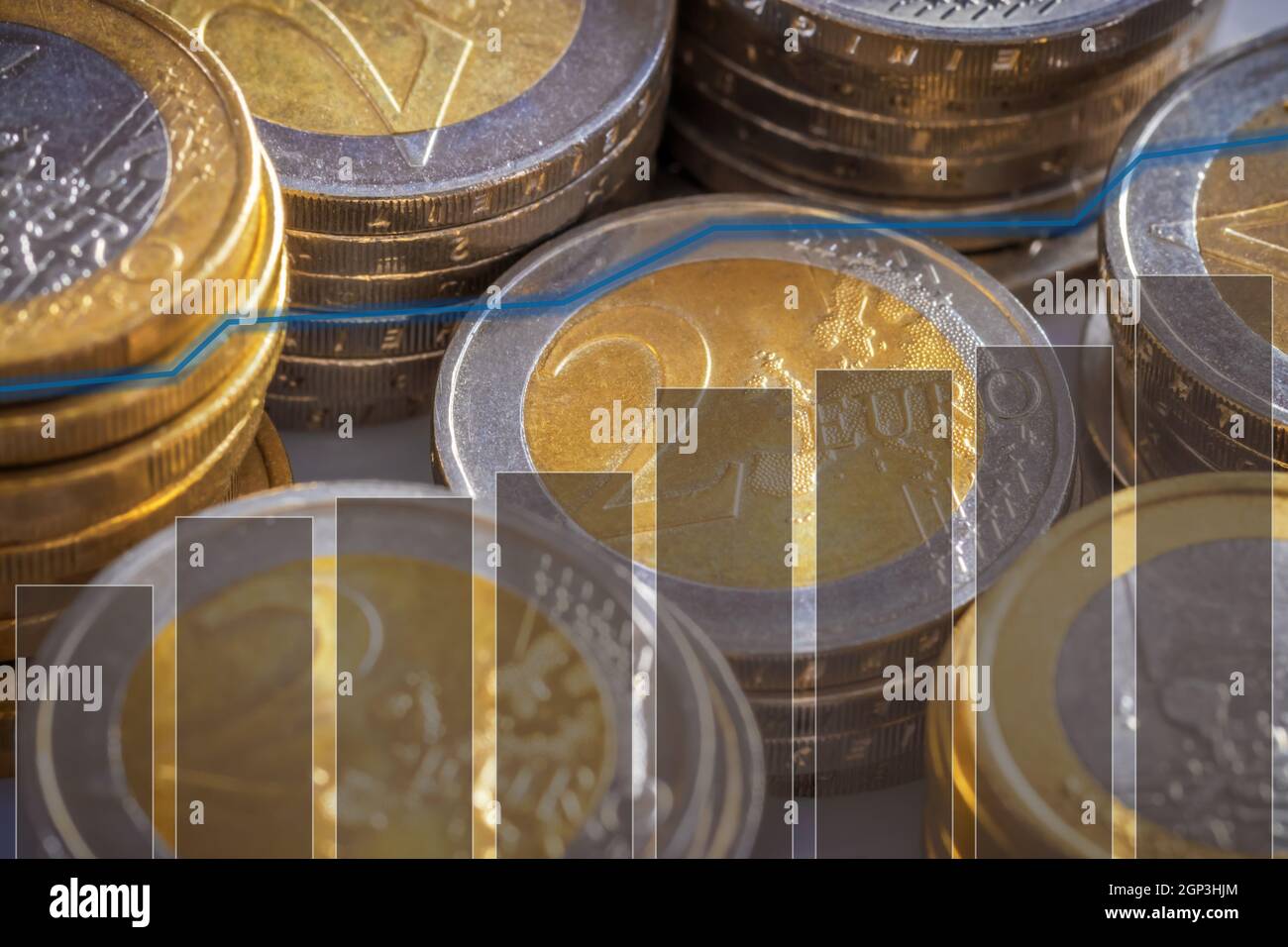 Euro coins in stacks with history chart and bar graph. Presentation for ...
