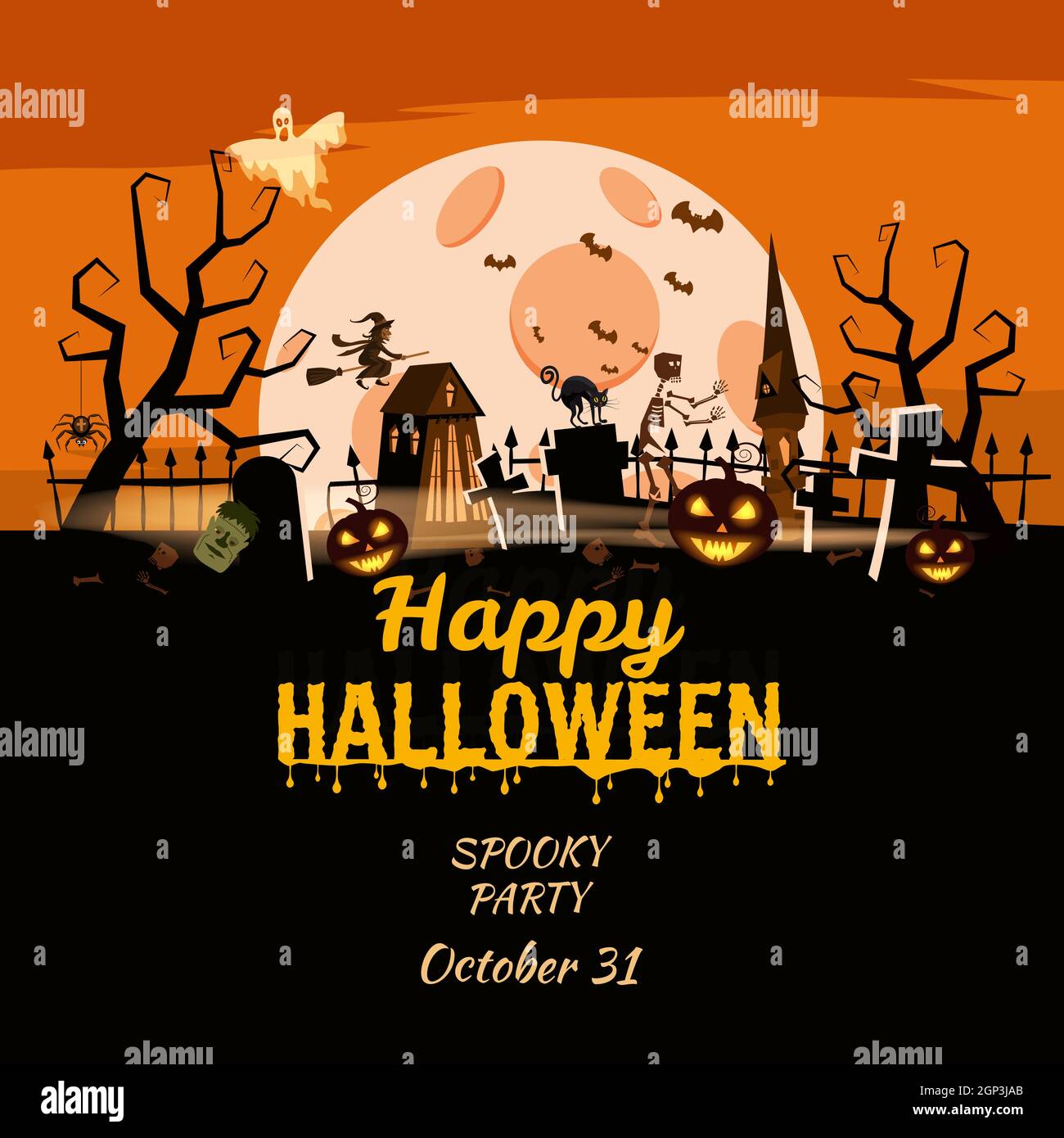 Happy Halloween poster, scary smiles pumpkins, night cemetery, haunted ...