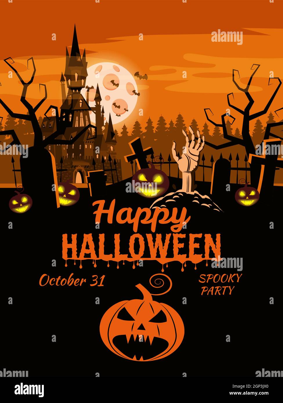 Happy Halloween poster, scary smiles pumpkins, night cemetery, haunted ...