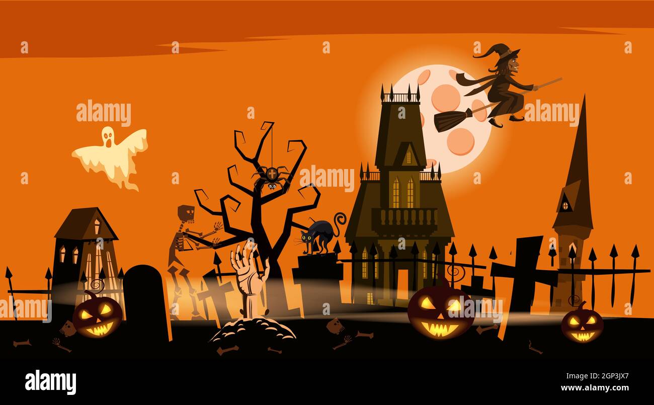 Happy Halloween poster, scary smiles pumpkins, night cemetery, haunted ...