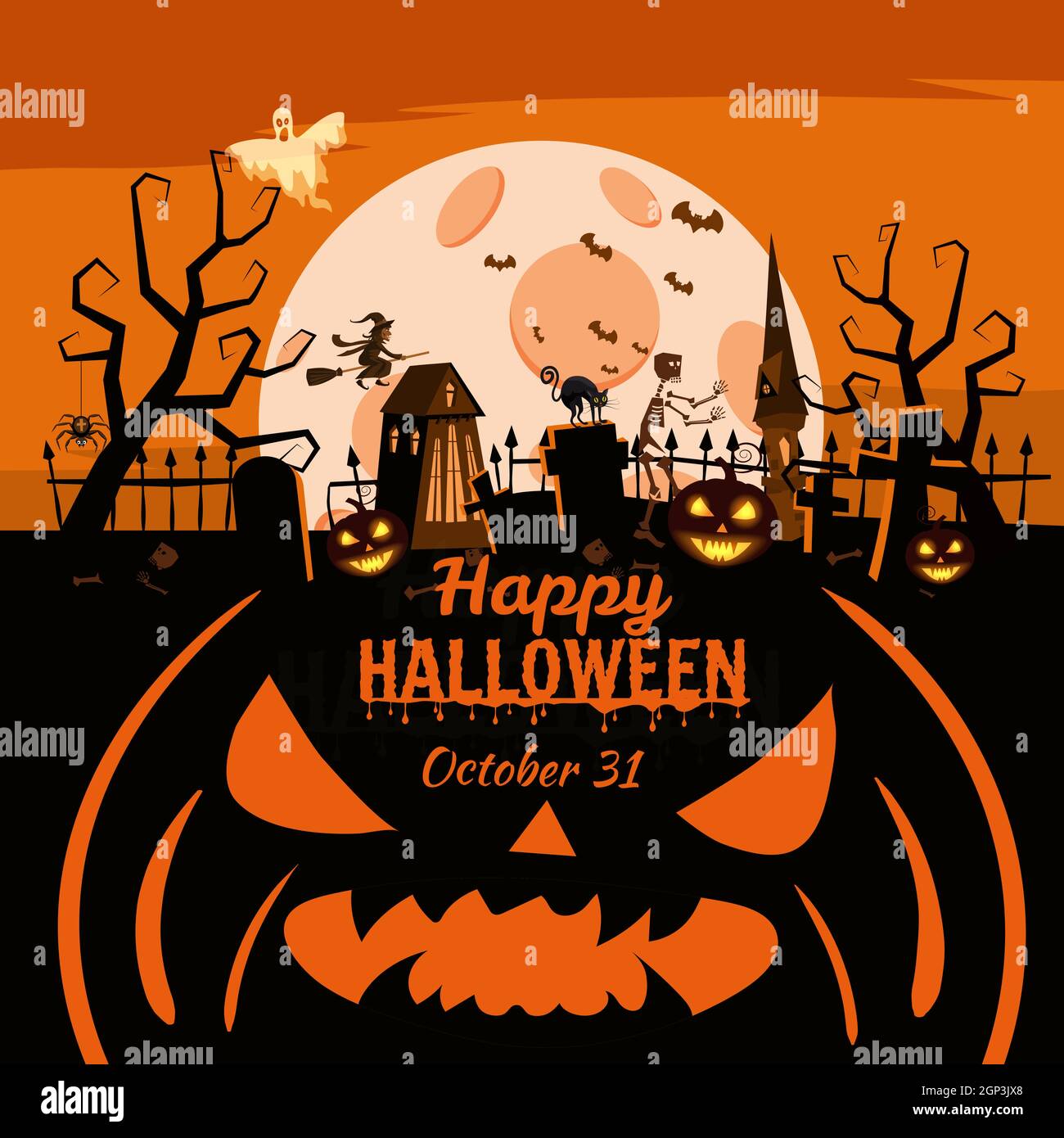 Happy Halloween poster, scary smiles pumpkins, night cemetery, haunted ...
