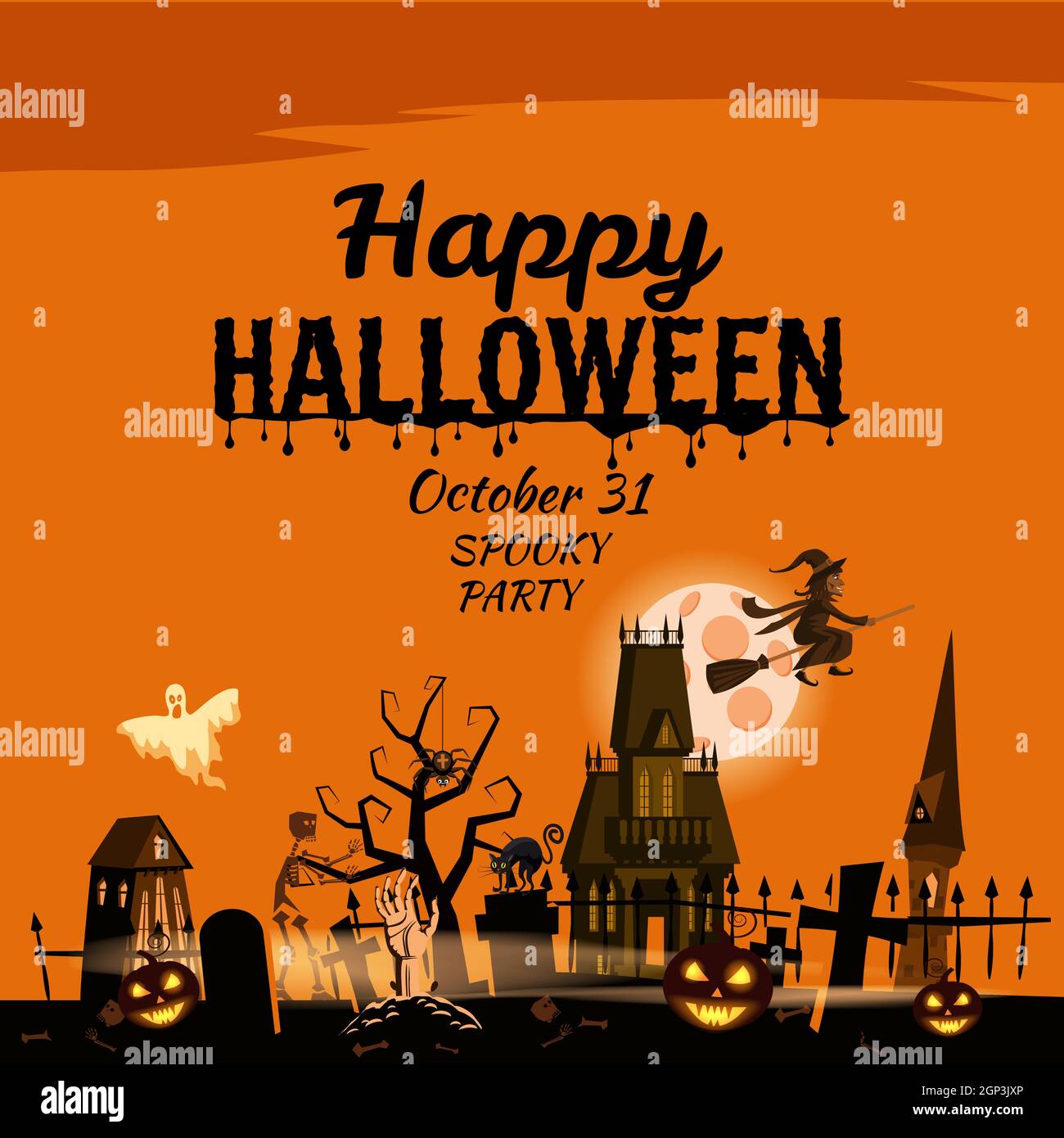 Happy Halloween poster, scary smiles pumpkins, night cemetery, haunted ...