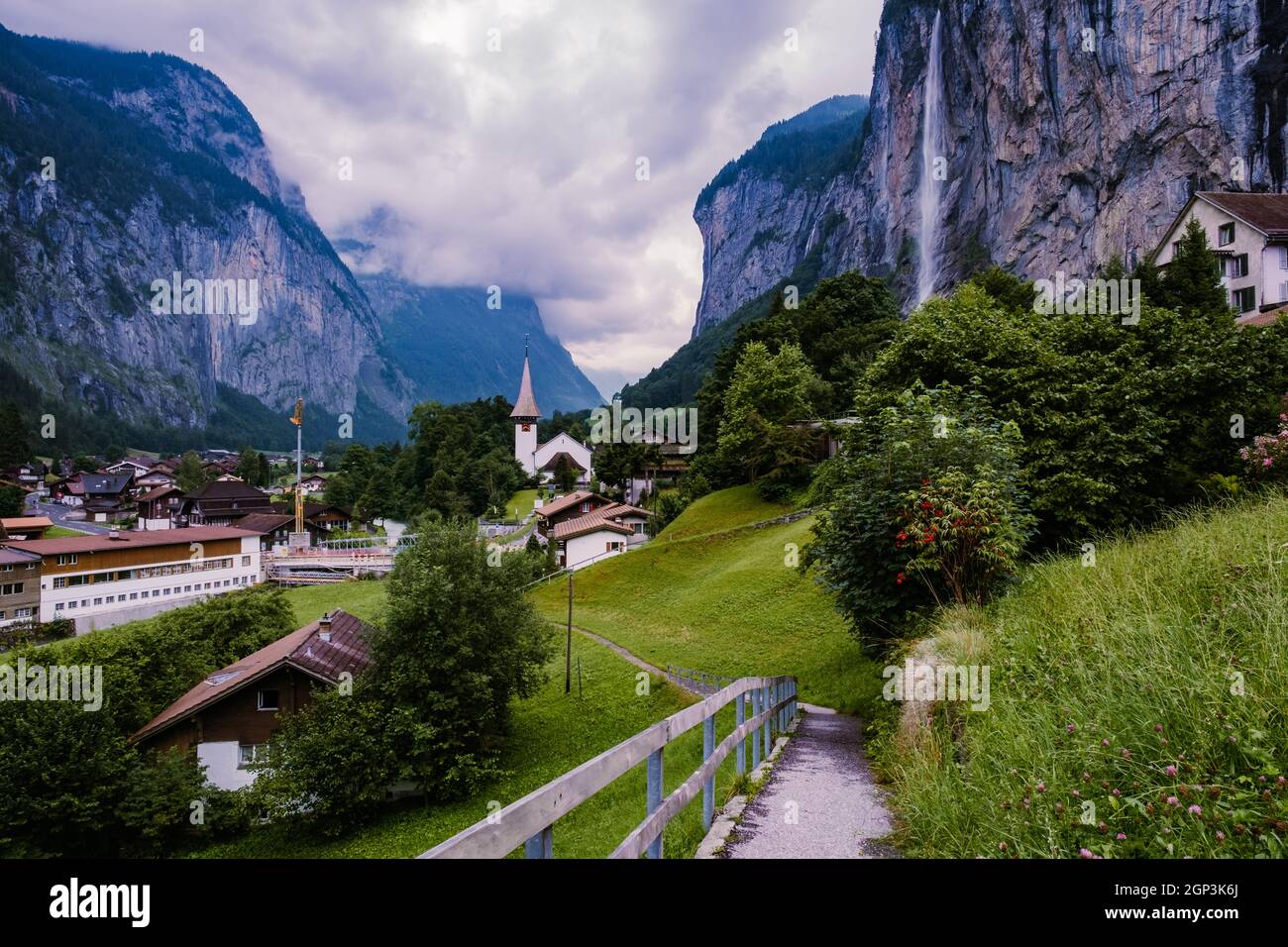 Lauterbrunnen valley, the village of Lauterbrunnen, the Staubbach Fall ...