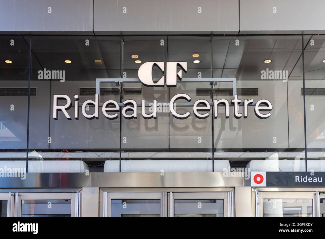 Rideau Centre shopping mall entrance signage in downtown of Ottawa ...