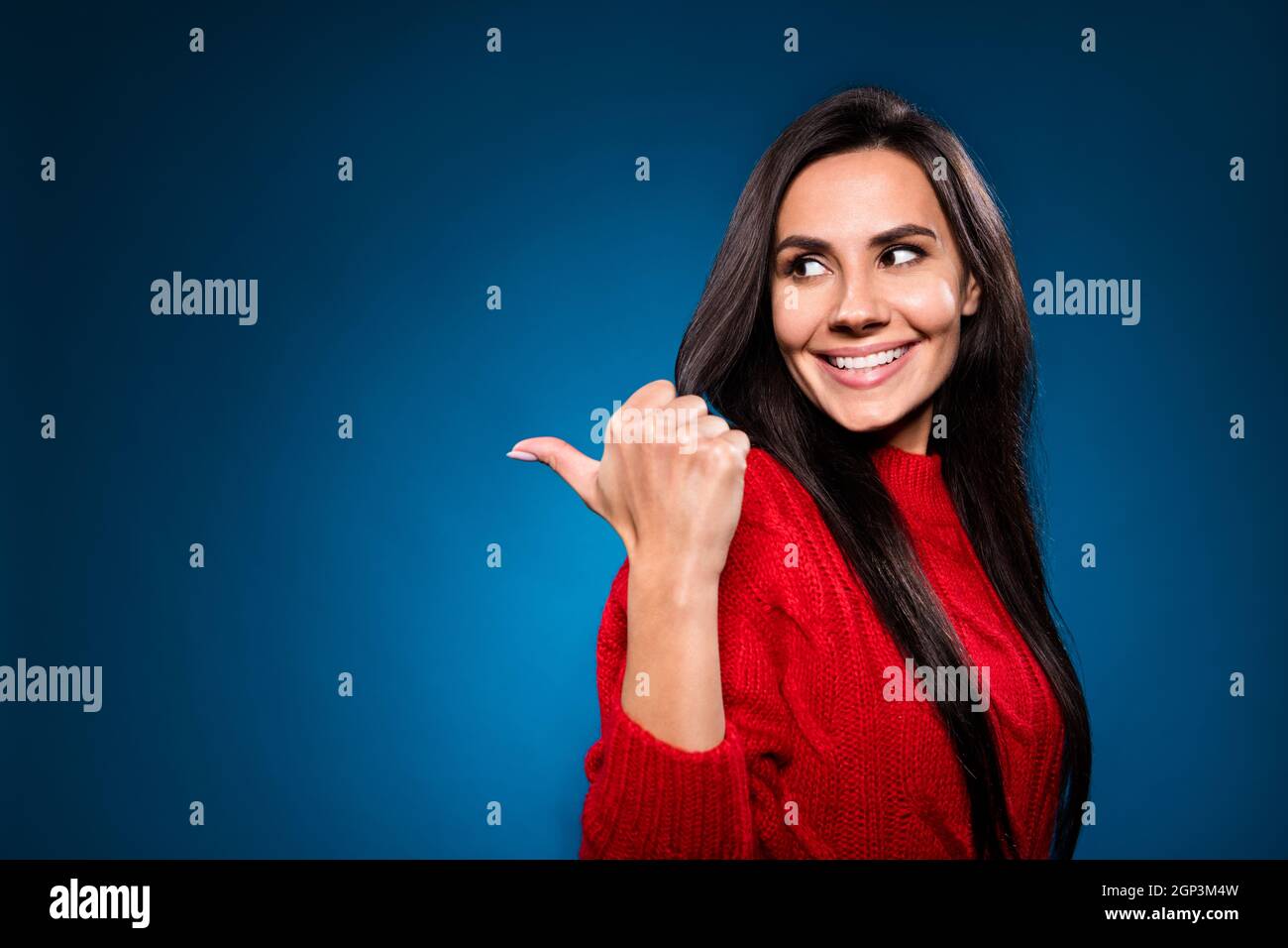 Profile Photo Of Cheerful Brown Hair Lady Point Empty Space Wear Red