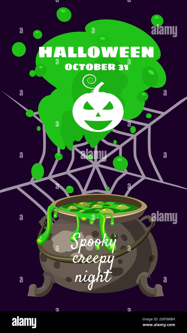Halloween holiday greeting card. Witch cauldron spider web. Template ...