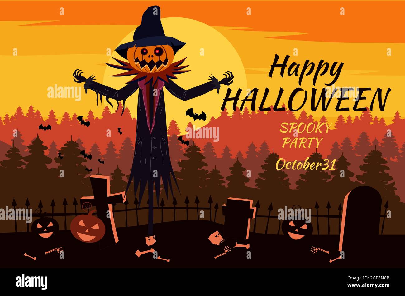 Happy Halloween Scarecrow character at the cemetery with a Jack O ...