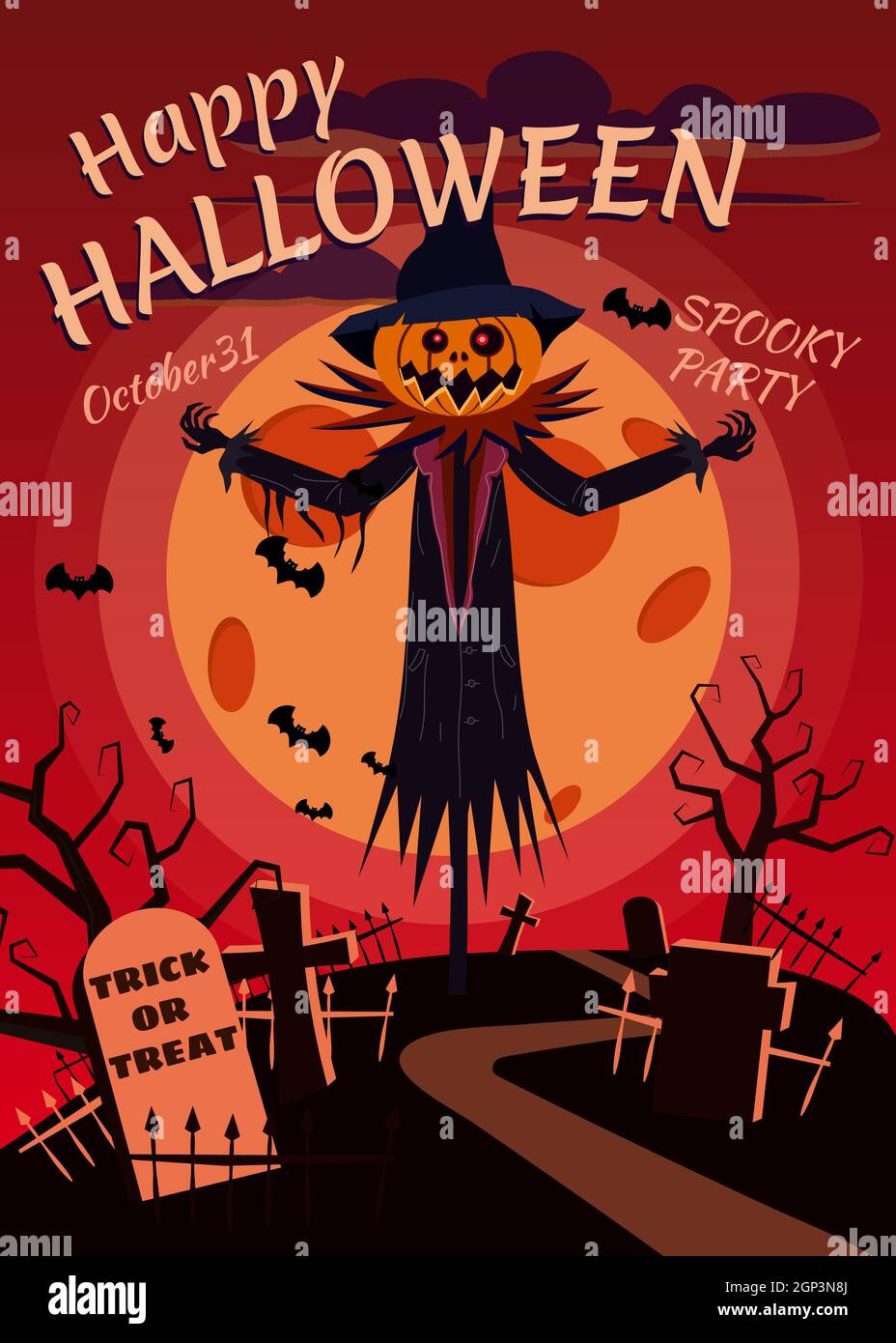 Happy Halloween Scarecrow character at the cemetery with a Jack O ...