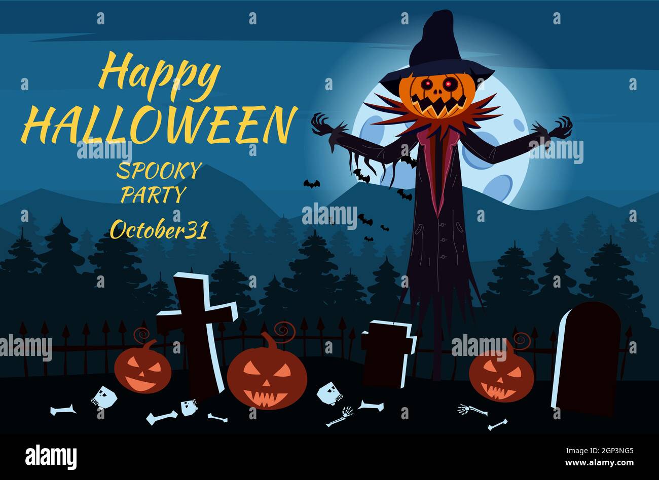 Happy Halloween Scarecrow character at the cemetery with a Jack O ...