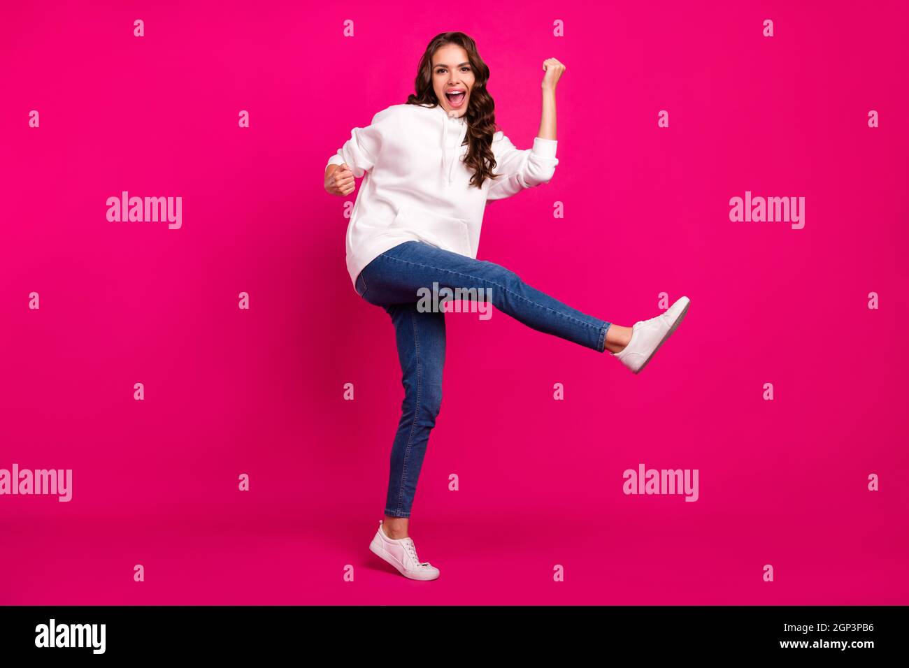 Full body photo of young excited girl happy positive smile rejoice ...